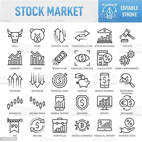 주식 시장 아이콘 컬렉션 얇은 라인 벡터 아이콘 세트 픽셀 완벽 편집 가능한 스트로크 모바일 및 웹용 이 세트에는 금융 저축 돈 은행 은행 자본 금융 제어 돈 관리 투자 의