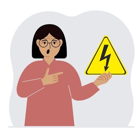 Premium Vector A Woman Holds A Yellow Triangular Warning Sign With A