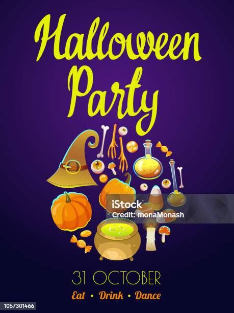 할로윈 파티 포스터입니다 무서운 개체와 재미 있는 배경 벡터와 눈 물 약 사탕 마녀 모자 닭 발 호박 만화 스타일에서 설정입니다