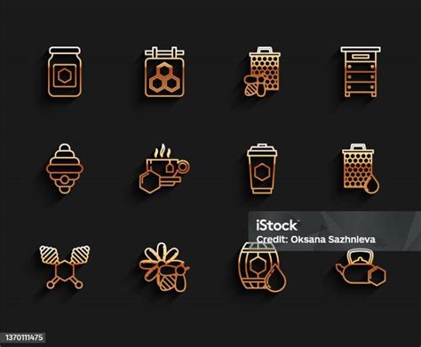 세트 라인 꿀 디퍼 스틱 꿀벌과 꽃 꿀 항아리 나무 배럴 차 주전자 컵 차 허니콤과 아이콘 벡터 벌집에 대한 스톡 벡터 아트 및 기타 이미지 Istock