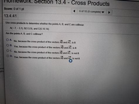 solved on 13 4 cross products score 0 of 1 pt 6 of 10 0