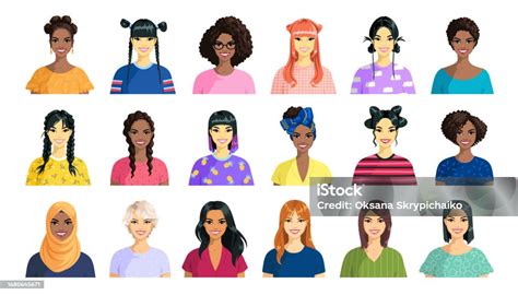 여성의 아바타 세트입니다 다양한 소녀 다인종 다문화 피부색과 헤어스타일이 다른 웃는 여성의 초상화 아프리카 아시아 아랍 유럽 외모의 여성 벡터 아바타에 대한 스톡 벡터 아트