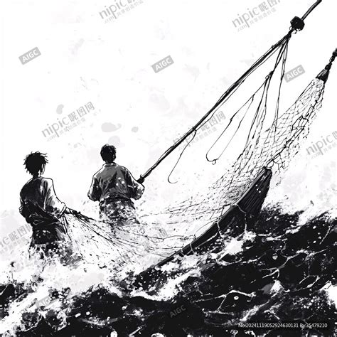 Ai创作图渔家少年 撒网插画 捕鱼的少年 渔人之谜惘 手绘出海捕鱼版画 拉起鱼网的瞬间 渔女线稿 绝户网捕捞 出海捕鱼版画 不繁舟 渔家海蜒