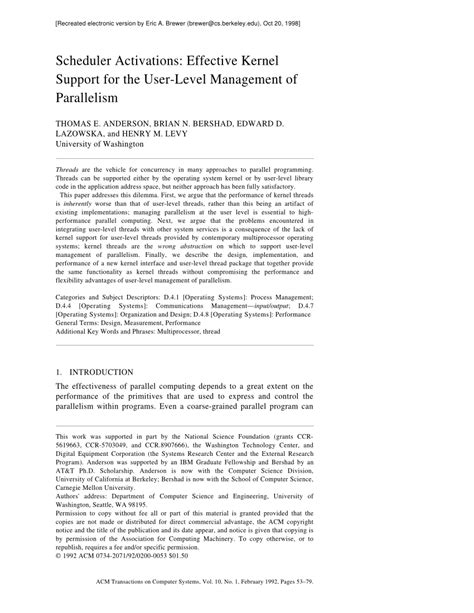pdf scheduler activations effective kernel support for the user level management of parallelism