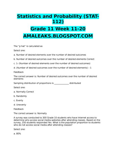 Amaleaks Blogspotcom Statistics Stat 112 Grade 11 Week 11 20 Statistics And