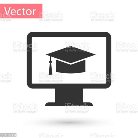 회색 컴퓨터 모니터와 졸업 모자 아이콘 흰색 배경에 고립 온라인 학습 또는 E러닝 개념 인터넷 지식 기호입니다 벡터 일러스트 개념에 대한 스톡 벡터 아트 및 기타 이미지