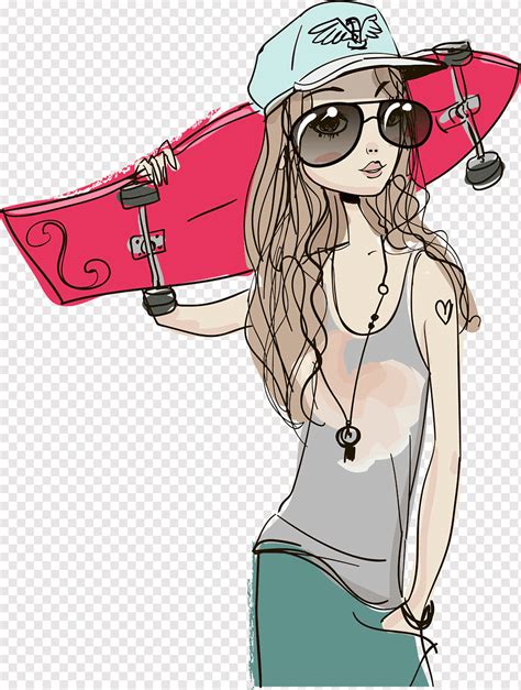 만화 만화 일러스트 레이 션 스케이트 보드를 들고 소녀 어린이 패션 소녀 유행 Png Pngwing