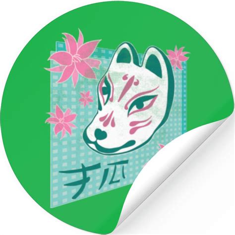 Funny Retro 90s Japanese Nine Tailed Fox Mask Kawa Stickers Designed