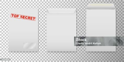 빨간색 일급 비밀 스탬프와 흰색 A4 종이 봉투의 벡터 모형 세트 수직 우표 폐쇄 및 오픈 커버 템플릿 기업 Id 디자인을 위한 3d 그림입니다 후면 및 전면 뷰 고무에