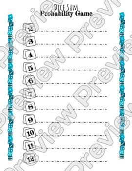 Dice Sum Probability Game By Rochelle Stein TPT