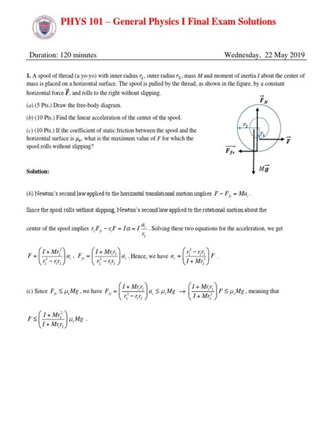Phys 101 General Physics I Final Exam Solutions Duration 120