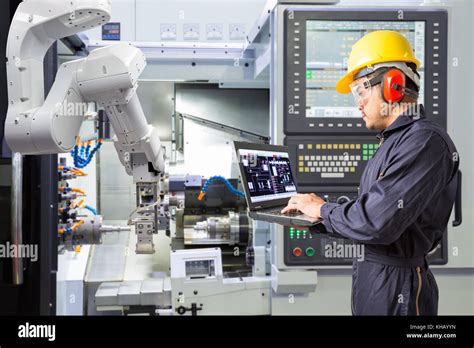 Maintenance Engineer Using Laptop Computer Control Automatic Robotic Hand With Cnc Machine In