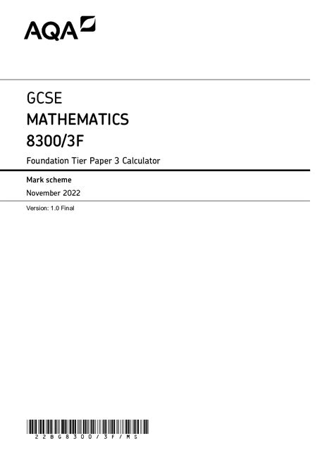 Aqa Gcse Mathematics Foundation Tier 83003f Paper 3 Mark Scheme For