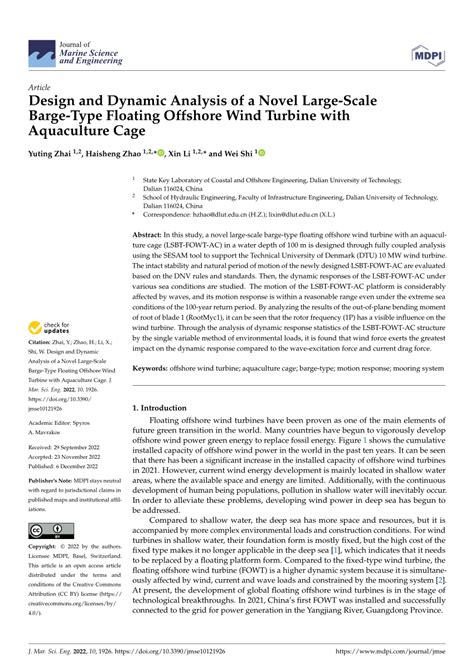 Pdf Design And Dynamic Analysis Of A Novel Large Scale Barge Type Floating Offshore Wind
