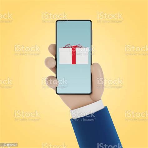 스마트폰 화면에 선물 상자 온라인 상점 온라인 크리스마스 선물 만화 스타일의 3d 일러스트레이션 가상 이벤트에 대한 스톡 사진