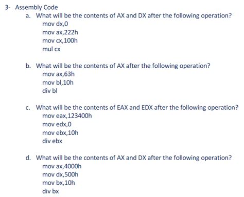 Solved 3 Assembly Code A What Will Be The Contents Of Ax