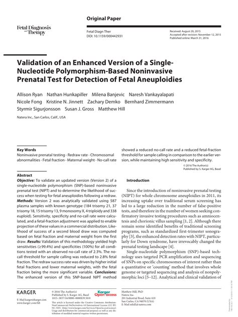 Pdf Validation Of An Enhanced Version Of A Single Nucleotide Polymorphism Based Noninvasive