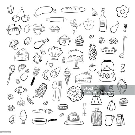 음식 낙서는 손으로 그린 스케치 기호와 사물입니다 주방 및 요리 요소 세트 벡터 그림입니다 벽지 패턴 채우기 섬유 웹 페이지