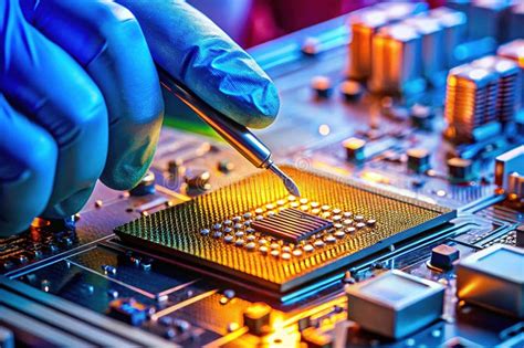 Precision Microchip Installation On Circuit Board A Macro Closeup Of