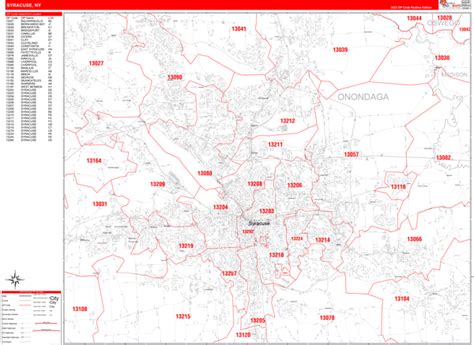 Syracuse New York Zip Code Wall Map Red Line Style By Marketmaps