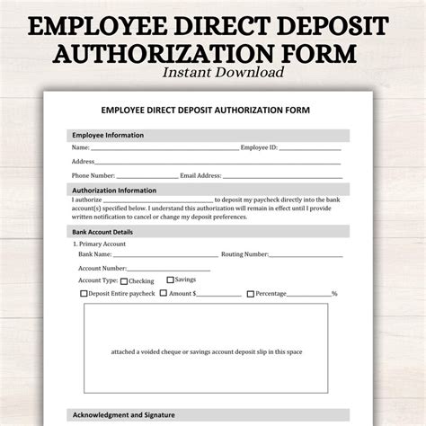 Employee Direct Deposit Form Template Printable Payroll Authorization Instant Download Pdf