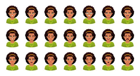 녹색 스웨터를 입은 아름다운 어린 소녀의 표정 귀여운 흑인 아이의 다양한 감정의 집합 미소 행복 분노 기쁨 놀라움 두려움 등 갈색 머리에 대한 스톡 벡터 아트 및 기타