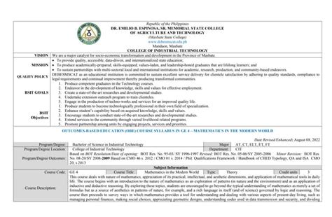 Ge 4 Mathematics In The Modern World Syllabus Pdf