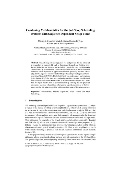 Pdf Combining Metaheuristics For The Job Shop Scheduling Problem With Sequence Dependent Setup