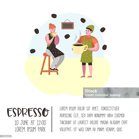 커피숍에서 평면 문자 바리 스타 남자와 여자 컵 찻잔 및 포스터 배너에 대 한 커피 콩 만화 카페 직원 벡터 일러스트 레이 션 개체 그룹에 대한 스톡 벡터 아트 및 기타