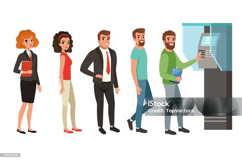 터미널 벡터 일러스트레이션에서 Atm 서 서 서 서 서 서 에서 대기 에서 대기열 줄서서 기다림에 대한 스톡 벡터 아트 및 기타 이미지 줄서서 기다림 지불 현금 자동