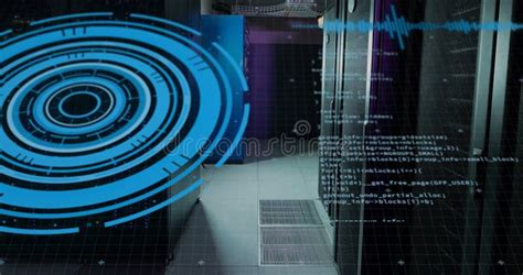 animation of data processing and scope scanning over server room stock
