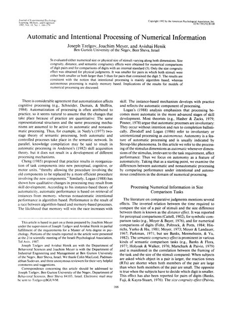 Pdf Automatic And Intentional Processing Of Numerical Information