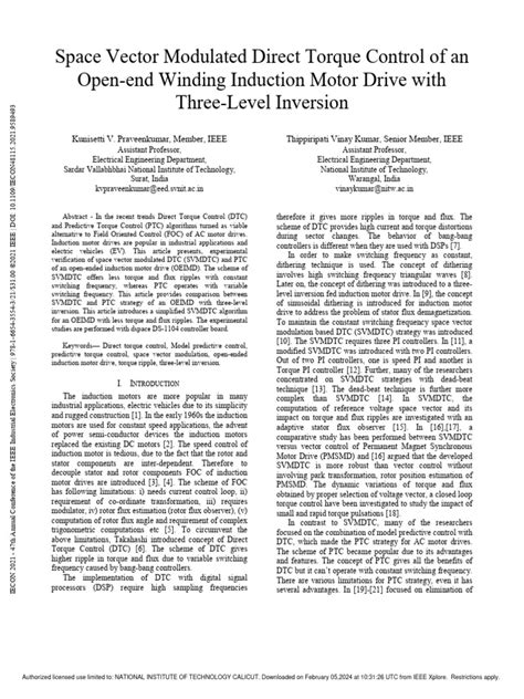 space vector modulated direct torque control of an open end winding