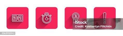 세트 라인 스포츠 기계식 스코어 보드 스톱워치 메달 및 긴 그림자가있는 야구 방망이 빨간색 사각형 버튼입니다 벡터 계시기에 대한 스톡 벡터 아트 및 기타 이미지 Istock