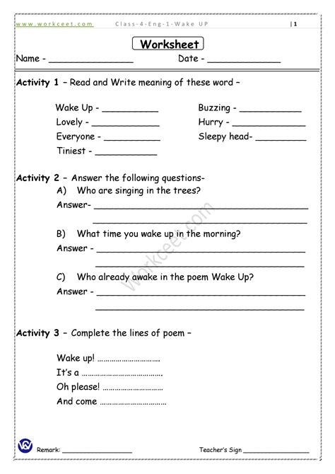 Download Pdf Worksheet Class 4th Wake Up Ncert Cbse