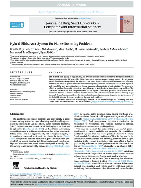 Pdf Hybrid Elitist Ant System For Nurse Rostering Problem Masri