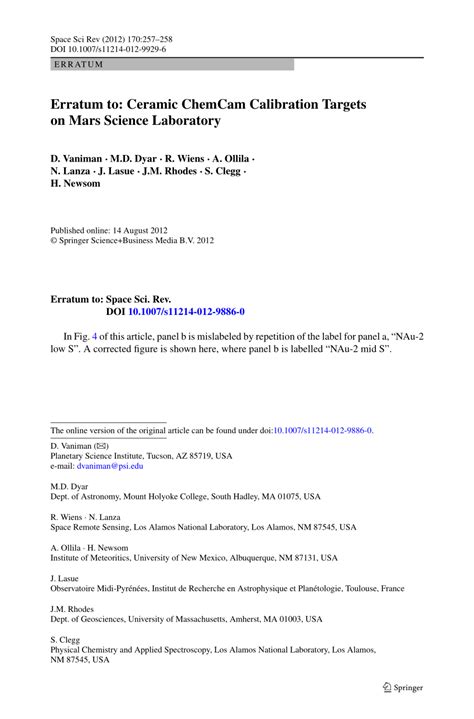 Pdf Erratum To Ceramic Chemcam Calibration Targets On Mars Science
