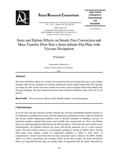 Pdf Soret And Dufour Effects On Steady Free Convection And Mass Transfer Flow Past A Semi