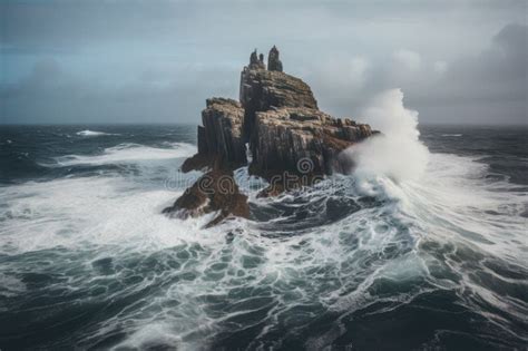 Sea Stack Jutting Out Of The Water Surrounded By Crashing Waves Stock Illustration