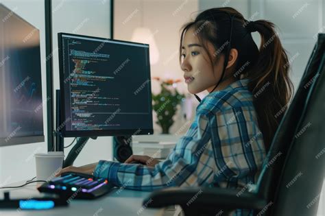 Young Asian Woman Software Developers Using Computer To Write Code Sitting At Desk With Multiple