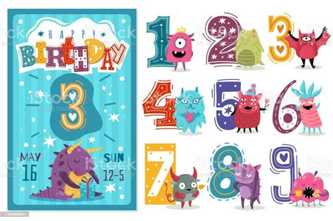 어린이 기념일 번호 어린이 생일 파티 인사말 카드 템플릿 유색 만화 번호초대 포스터 밝은 재미있는 괴물 외계인과 생물 벡터 고립
