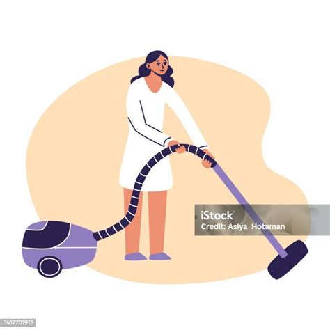 집에 진공 청소기를 청소하는 젊은 여성 주부는 진공 청소기로 청소합니다 플랫 만화 벡터 일러스트 레이션 트렌디 한 색상 흰색 배경에 고립 가사 집안일에 대한 스톡 벡터 아트