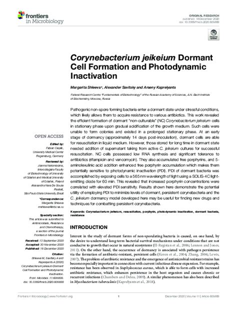 Pdf Corynebacterium Jeikeium Dormant Cell Formation And Photodynamic Inactivation