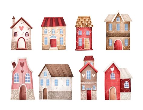 Conjunto De Ilustración Acuarela De Casita Vector Premium