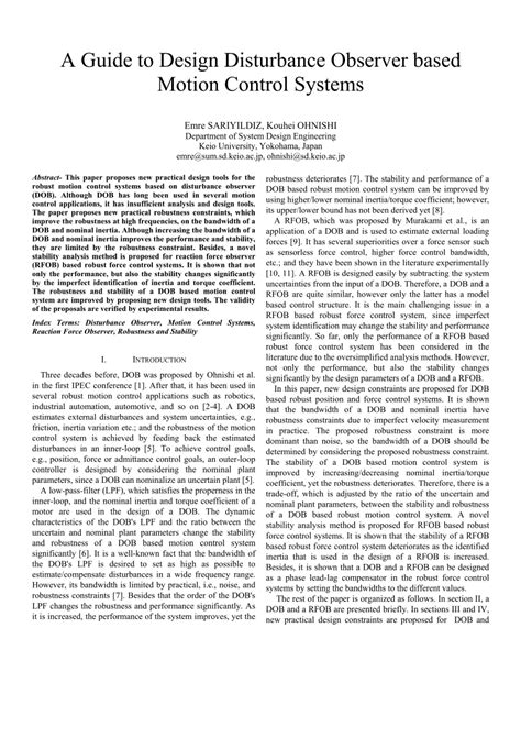PDF A Guide To Design Disturbance Observer Based Motion Control Systems