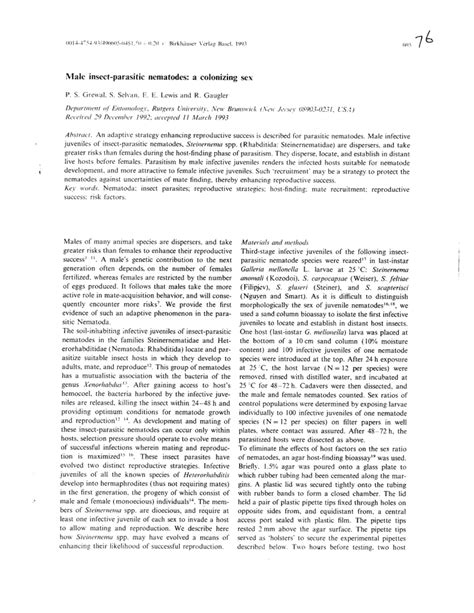 Pdf Male Insect Parasitic Nematodes A Colonizing Sex