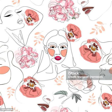 여자와 매끄러운 패턴은 꽃과 한 줄 예술 초상화에 직면 여성 얼굴 표정 모자 실루엣 배경에 손으로 그린 선형 여자 벡터