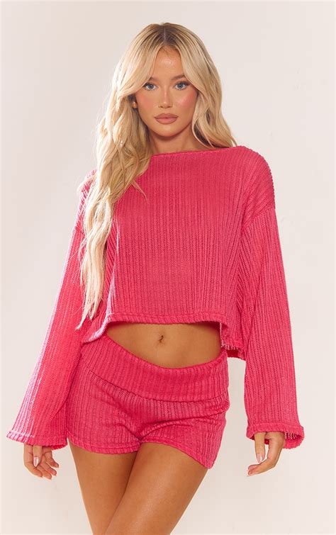 Bright Pink Textured Rib Oversized Long Sleeve Top Prettylittlething Ca