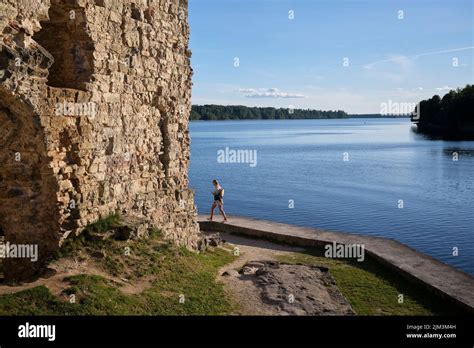The Koknese Medieval Castle Ruins And A Visitor Walking Along Daugava