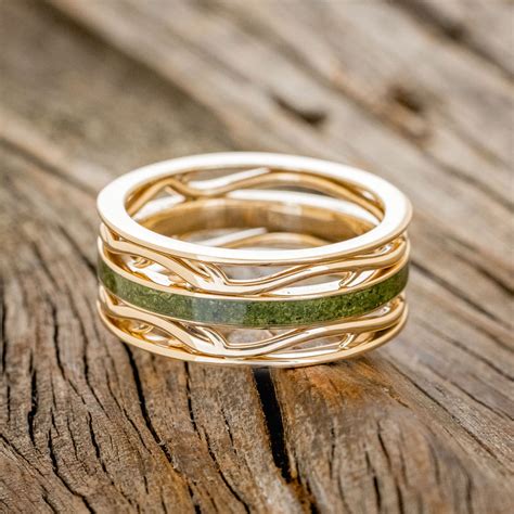 set of artemis on the vine moss agate and artemis moss wedding rings